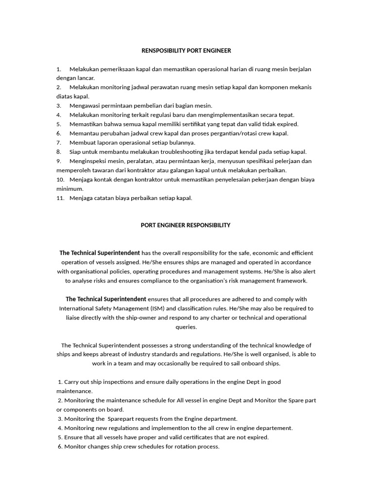 Port Engineer Responsibility | PDF