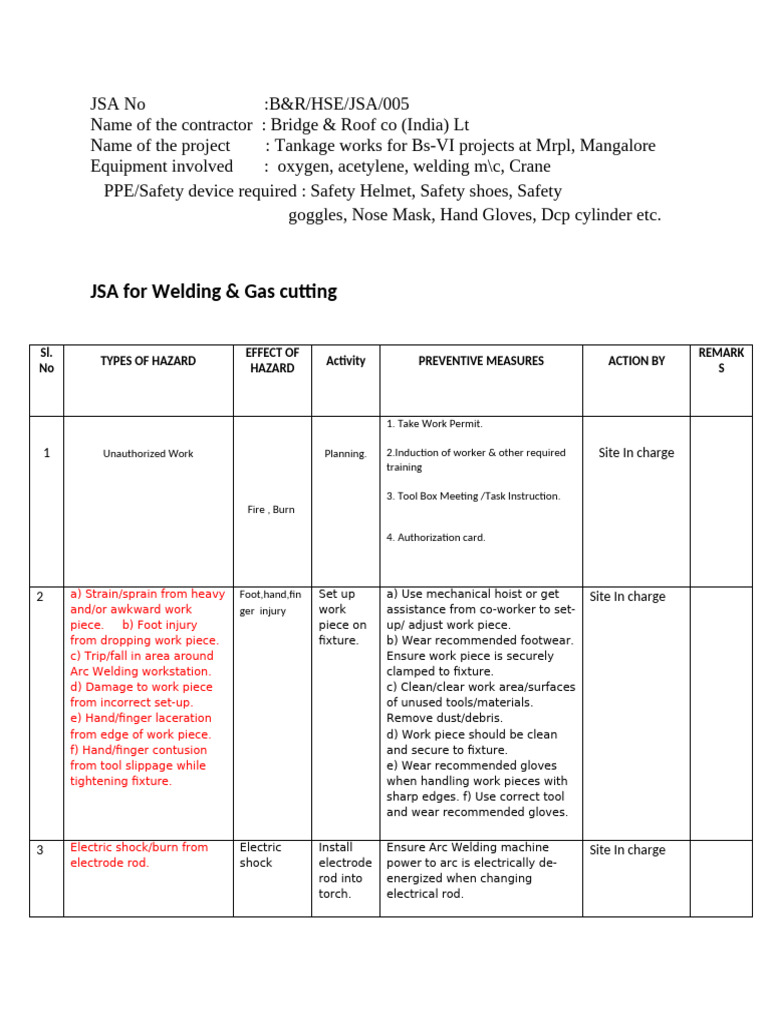 JSA For Welding and Gas Cutting | PDF | Welding | Construction
