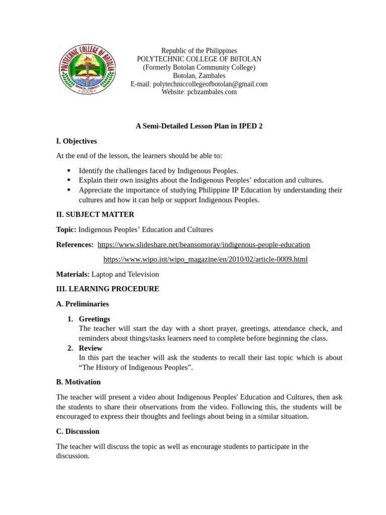 Iped 2 Semi Deatailed Lesson Plan.1 | PDF | Lesson Plan | Teachers