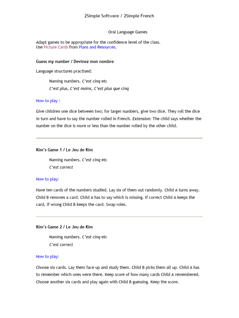 01 - Numbers Oral Language Games | PDF