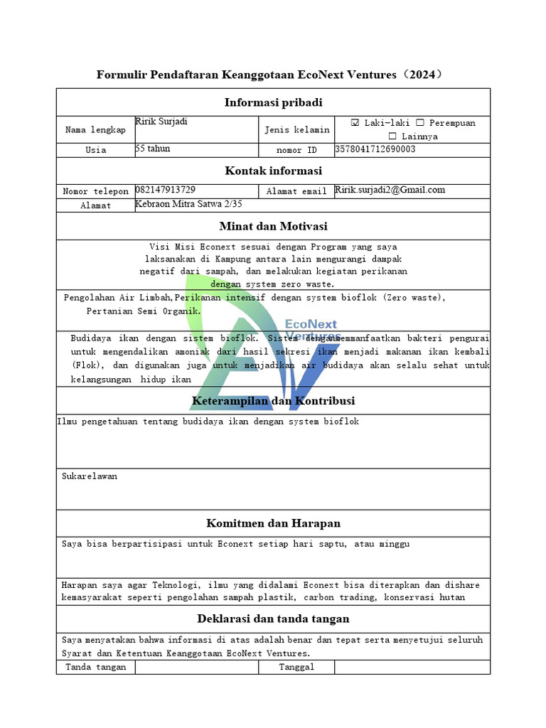 Pendaftaran Anggota EcoNext Ventures 2024 | PDF