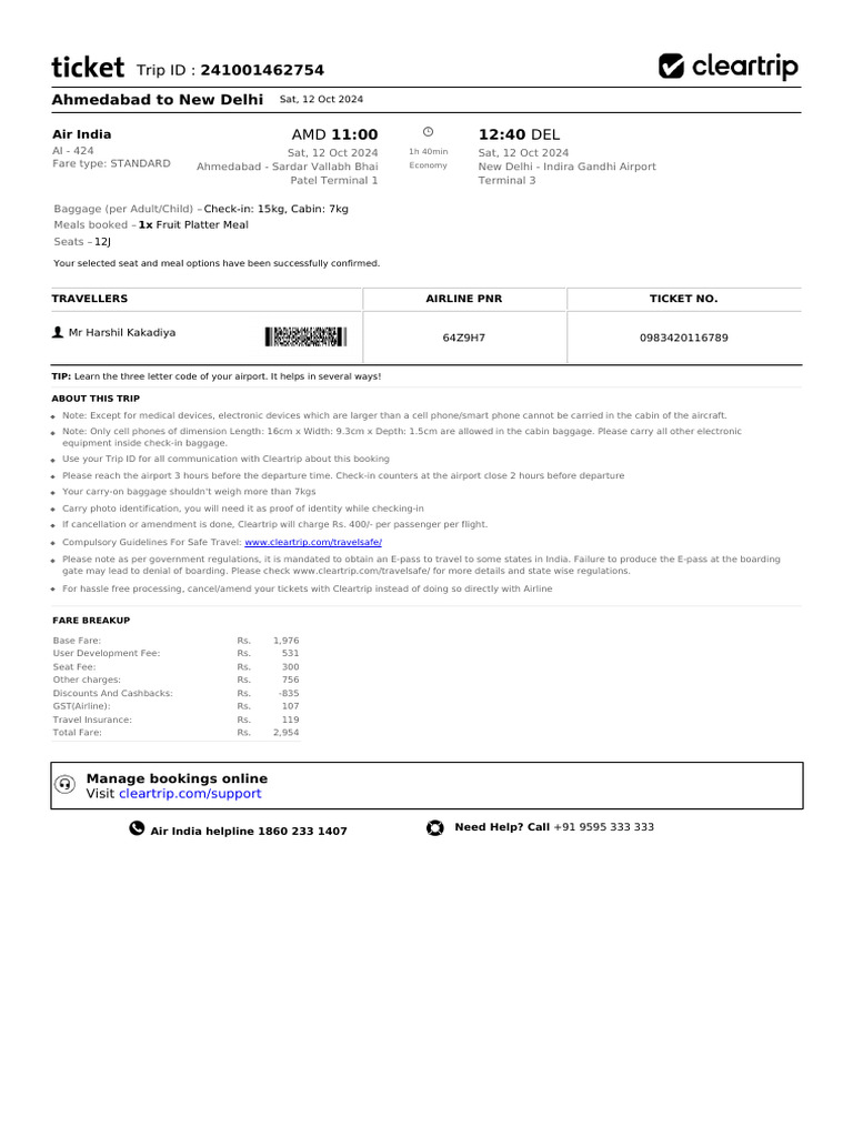 Cleartrip Booking Confirmation: Trip ID 241001462754 | PDF | Airport | Aviation