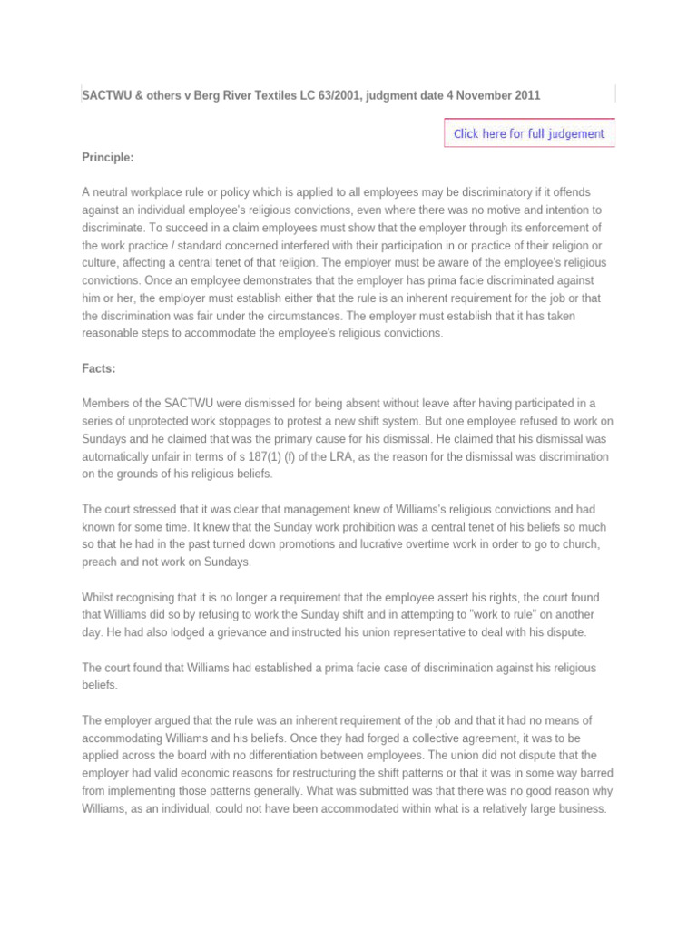 SACTWU Vs Berg River Textiles | PDF | Discrimination | Employment