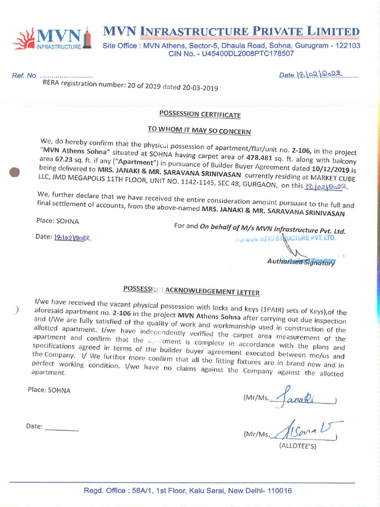 Possession Certificate 2-106 | PDF