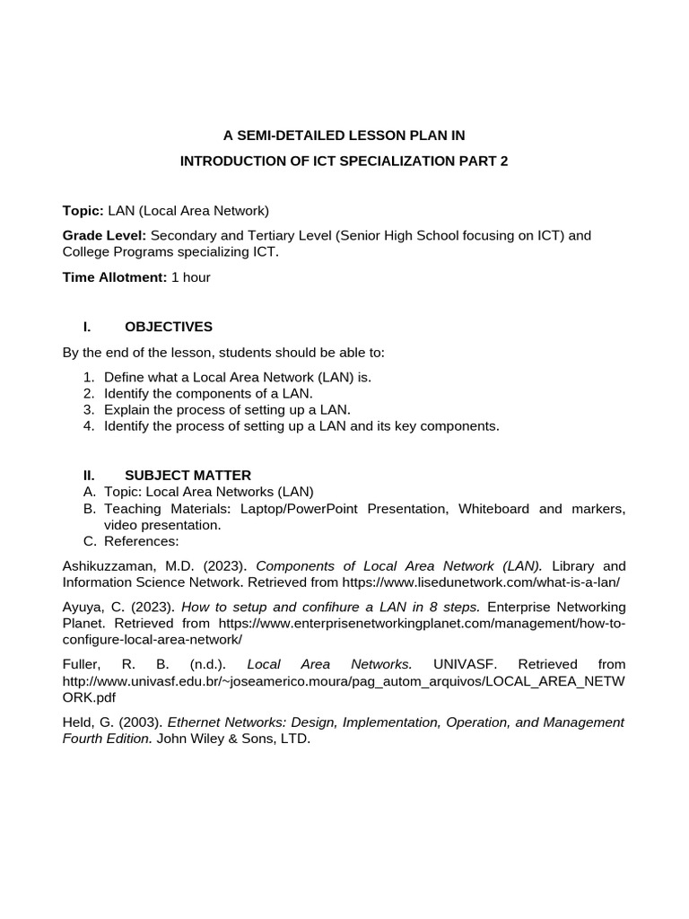 !ict Semidetailed Lessonplan | PDF | Computer Network | Router (Computing)