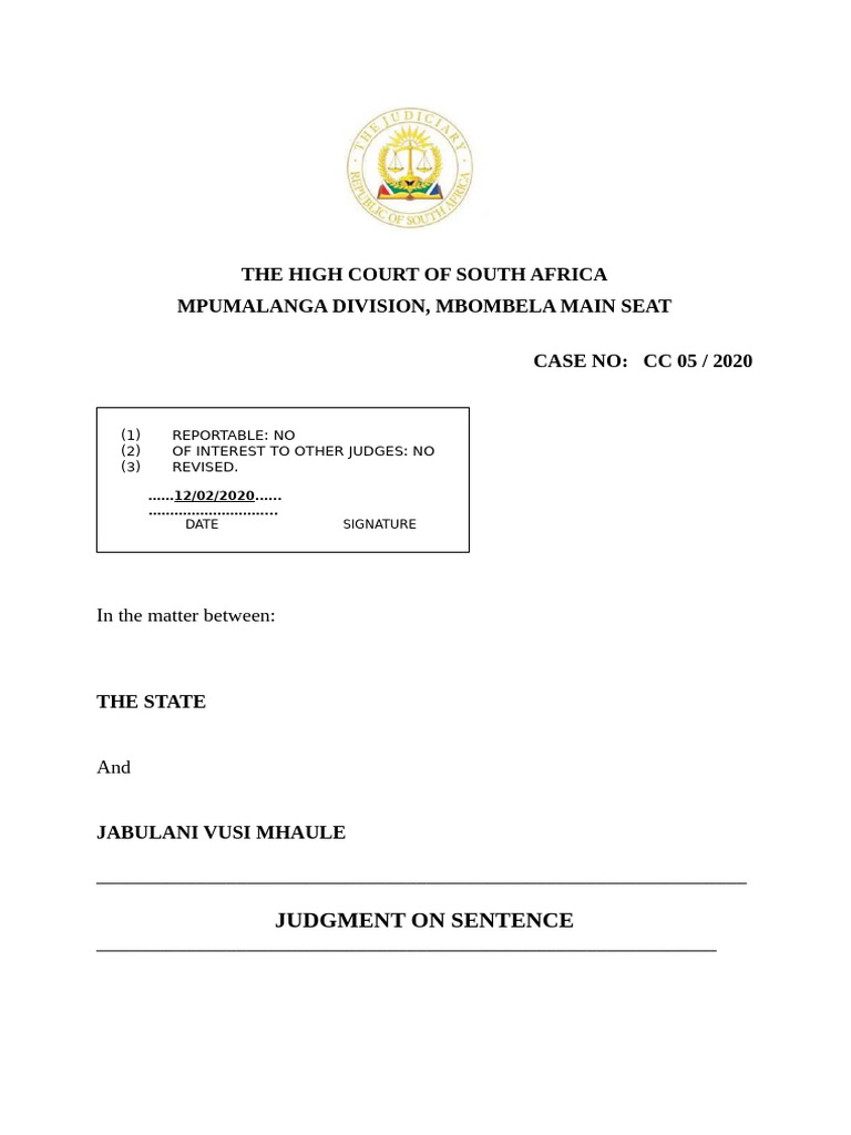 high court of South Africa Mpumalanga division case matter | PDF | Sentence (Law) | Crimes
