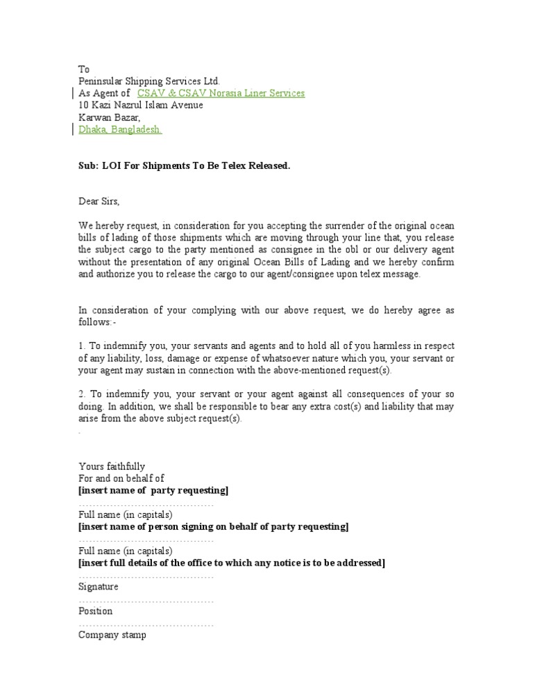 LOI For BL Surrender | PDF | Bill Of Lading | Transport