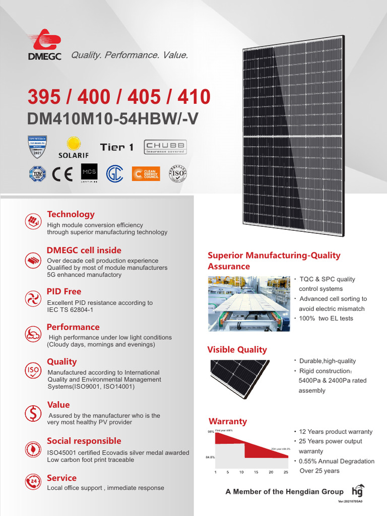 DMEGC 410W Solar Panel Datasheet | PDF | Manufactured Goods ...