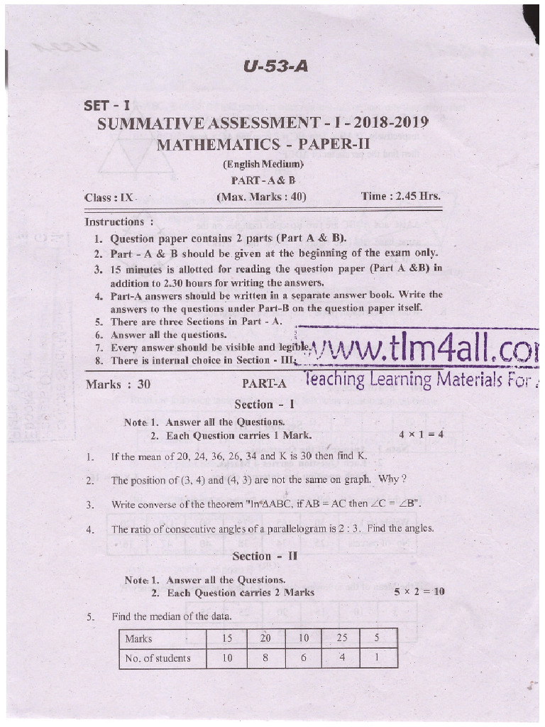 TLM4ALL@SA 1 9th Class Maths Paper 2 EM 2018 2019 | PDF