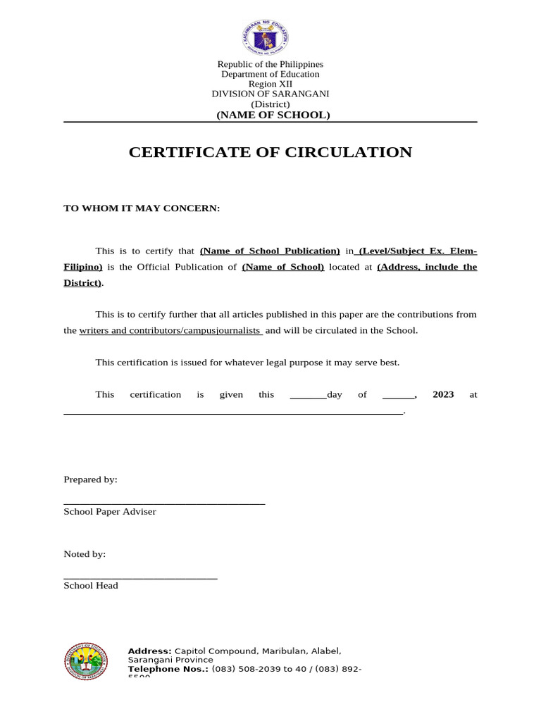 Certificate of Circulation for School Publication | PDF