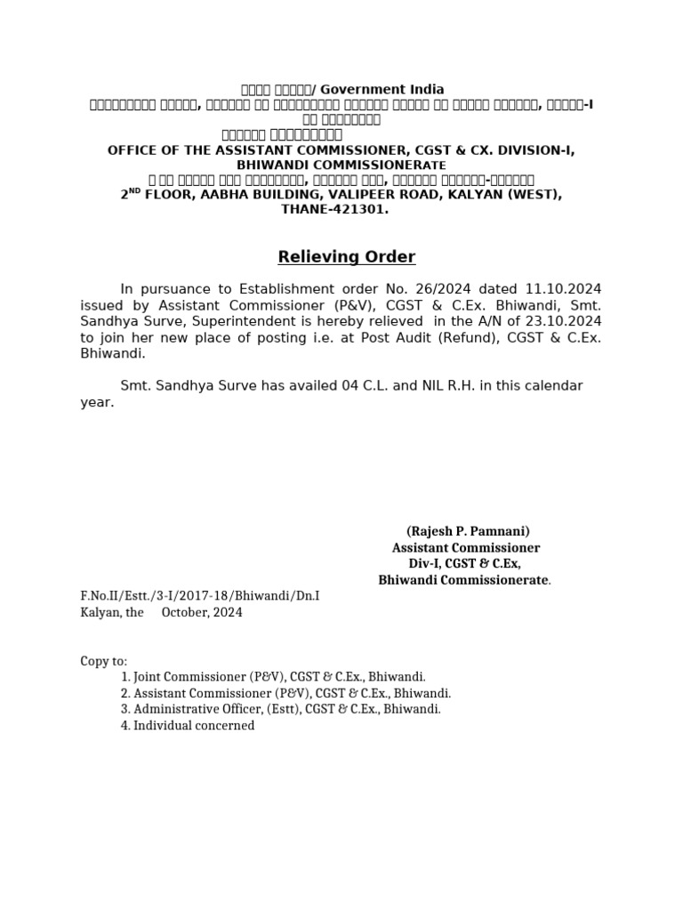 relieving order | PDF