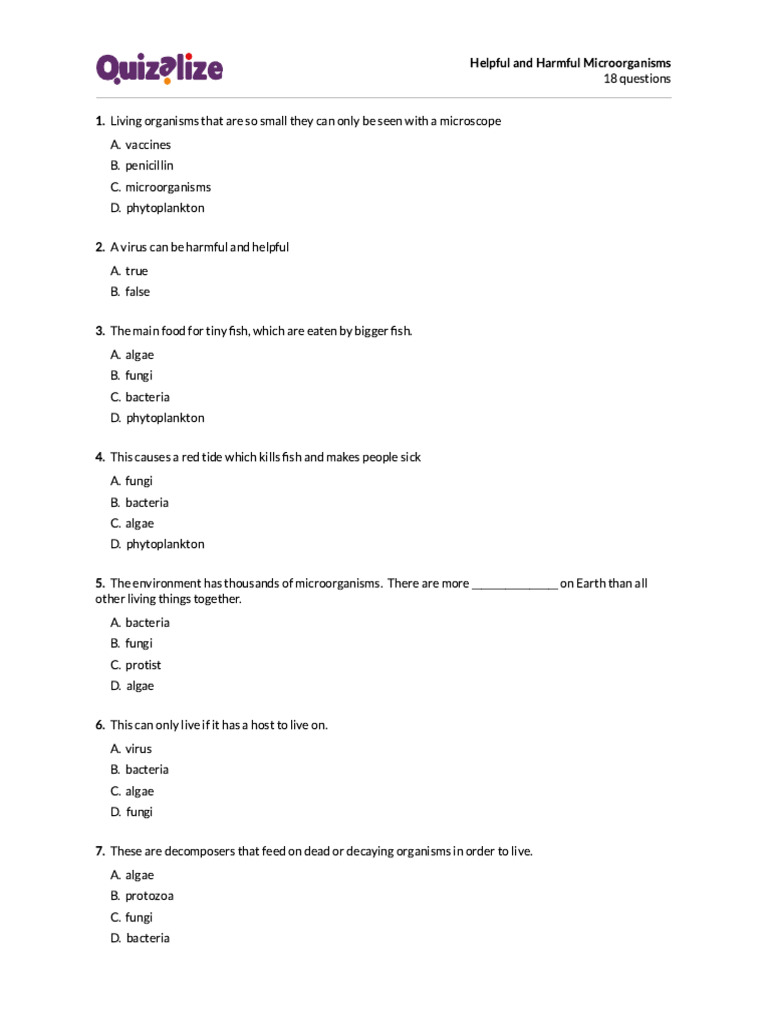 Helpful and Harmful Microorganisms-MCQ | PDF