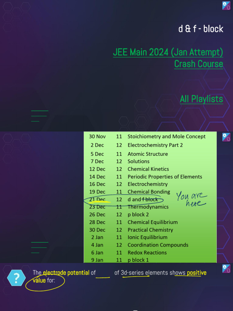 D and F Block Elements JEE Crash Course | PDF | Electrochemistry | Atoms