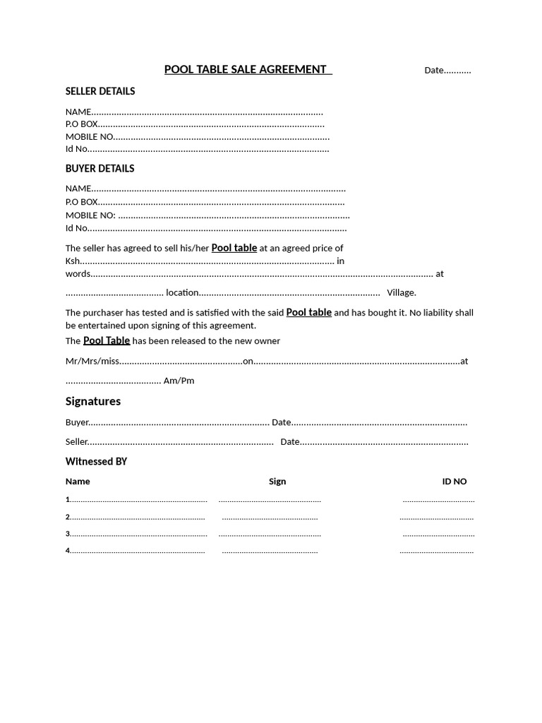 Pool Table Sale Agreement Template | PDF | Private Law