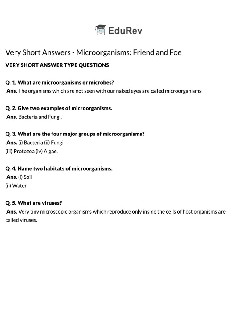 Very Short Answers - Microorganisms - Friend and Foe - Science Class 8 ...