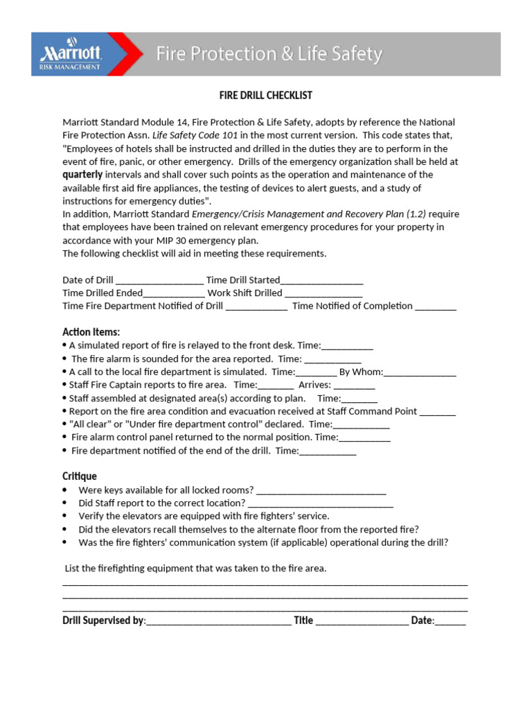 Fire Drill Checklist for Hotels | PDF | Public Safety | Safety