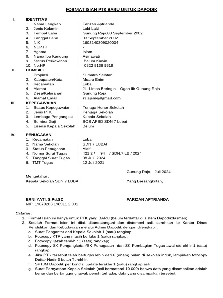 Format Isian PTK Baru 2024 | PDF