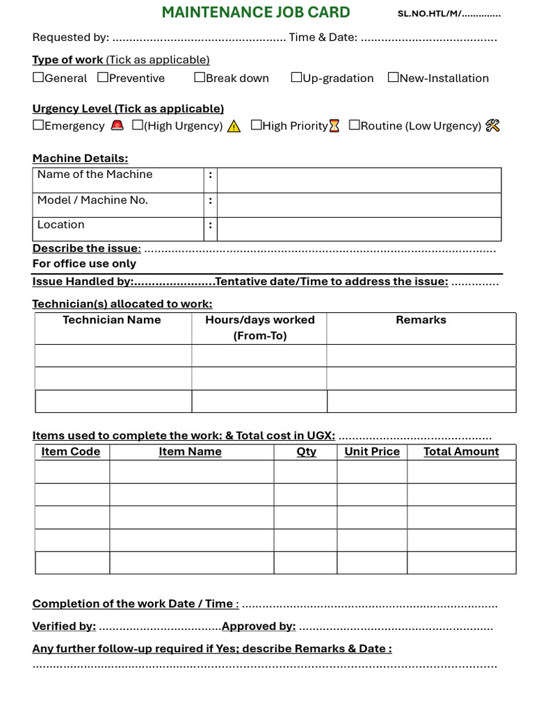 Maintenance Job Card Template | PDF