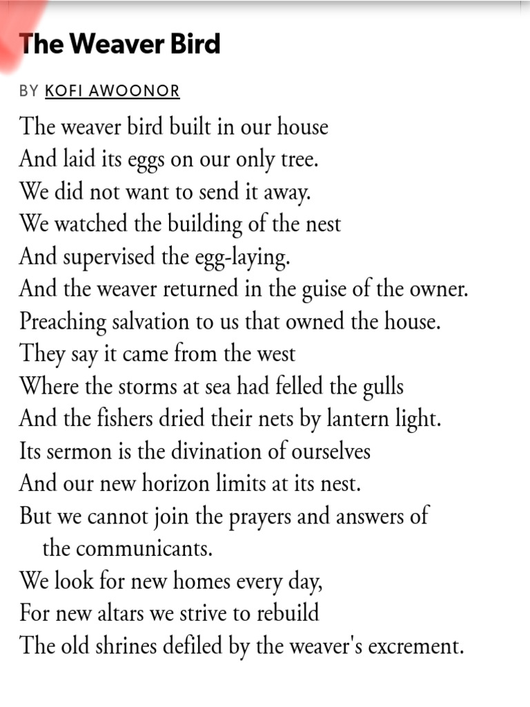 The Weaver Bird by Kofi Awoonor Poetry Foundation-1 | PDF