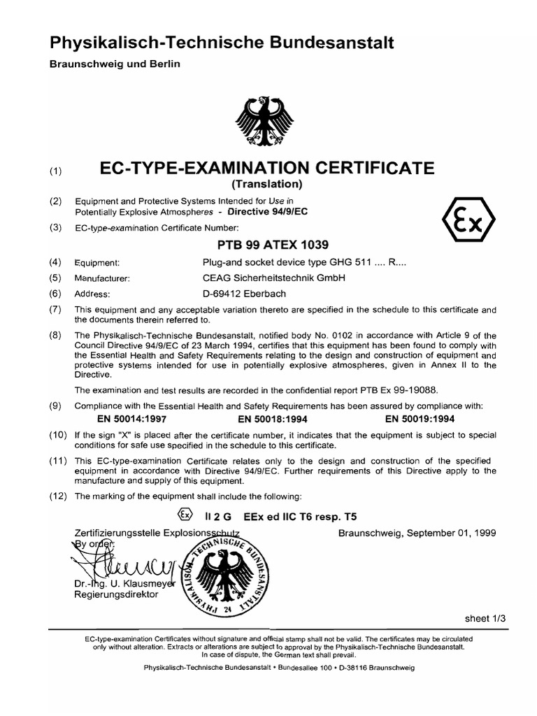 PTB 99 Atex 1039 | PDF