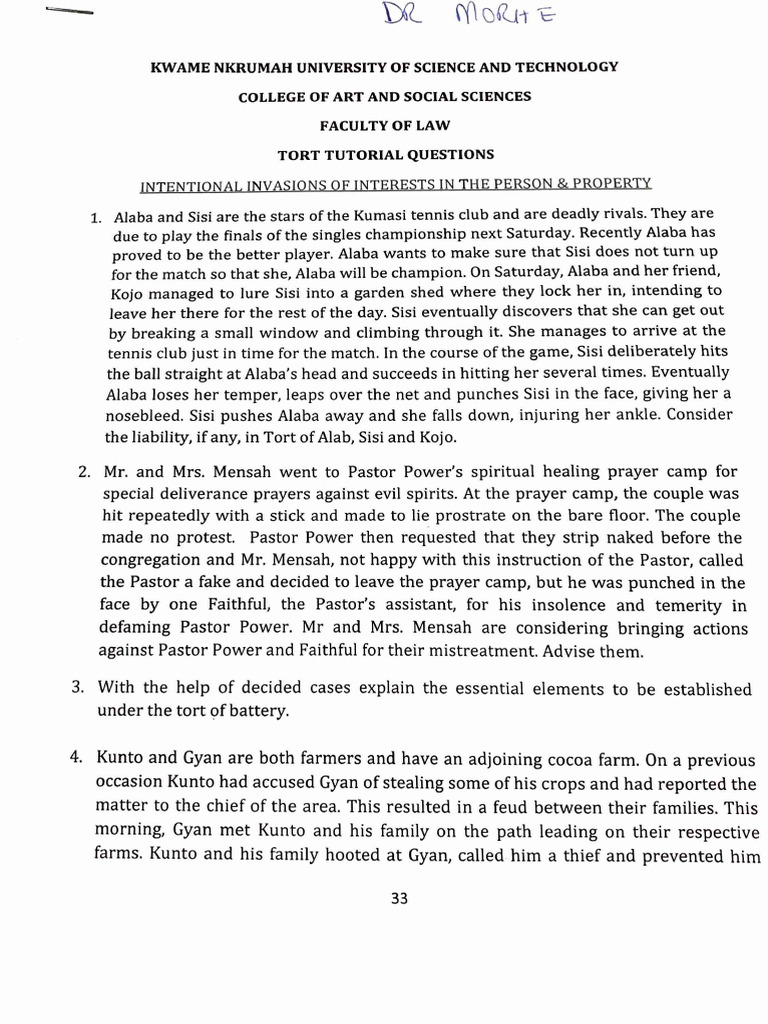 Tort Law Tutorial Questions - 250204 - 193835 | PDF
