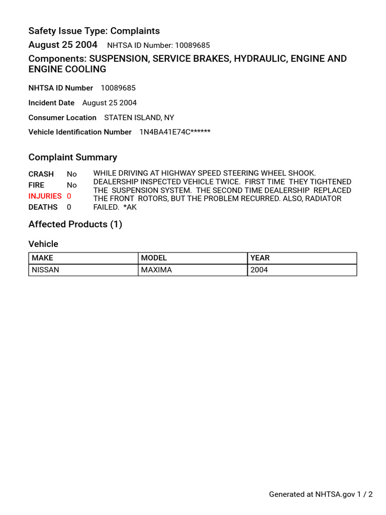 NHTSA Safety Issues - Kopie | PDF