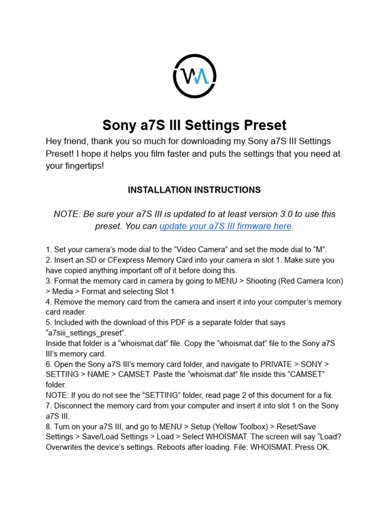 Installation Instructions For Sony A7s III Settings Preset | PDF | Memory Card | Computer File
