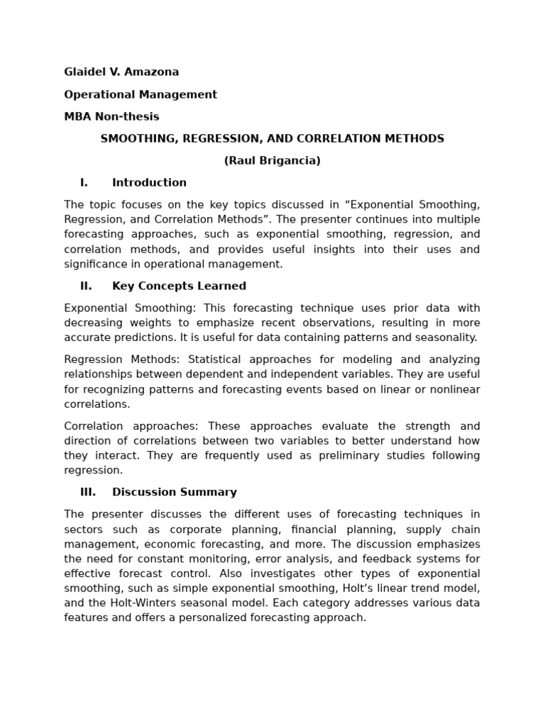 7.smoothing, Regression, and Correlation Methods - Brigancia.OPMAN | PDF | Regression Analysis ...