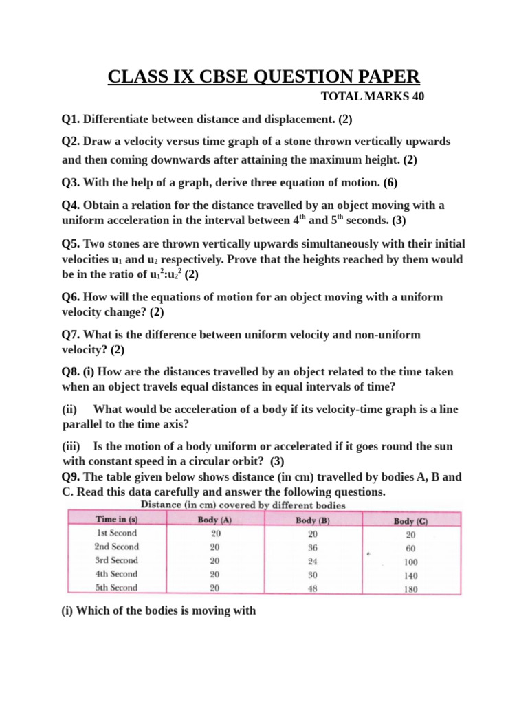 Class 9 Motion Sample Paper | PDF | Acceleration | Velocity