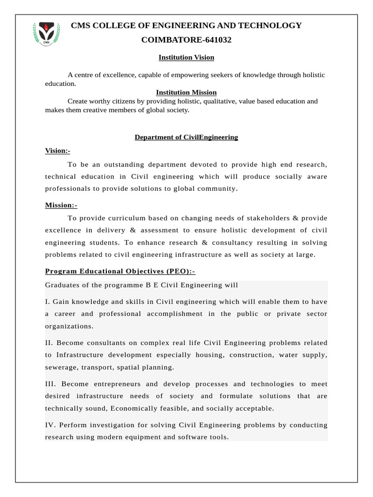 1 Dept Vision, Mission, PEO, PO & PSO (1) | PDF | Engineering | Knowledge