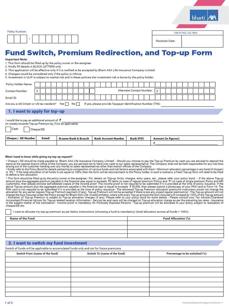 Fund Switch, Premium Redirection, and Top-Up Form Ver.1.1 | PDF ...