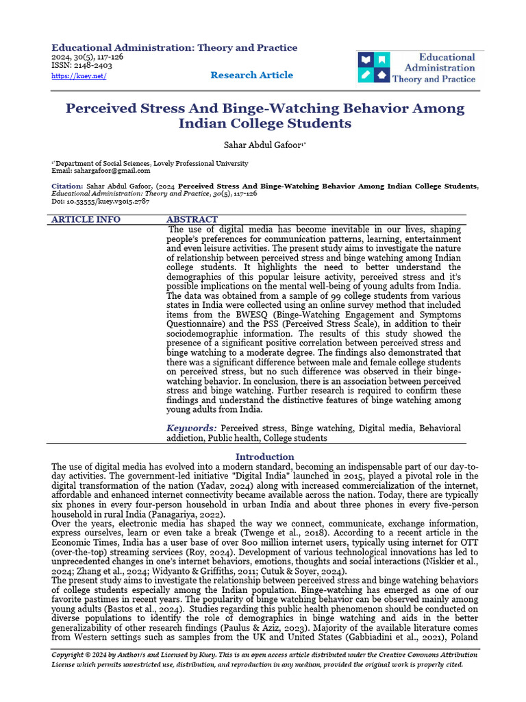 Perceived Stress and Binge Watching Behavior Among Indian Lr6xi4gxt3 ...