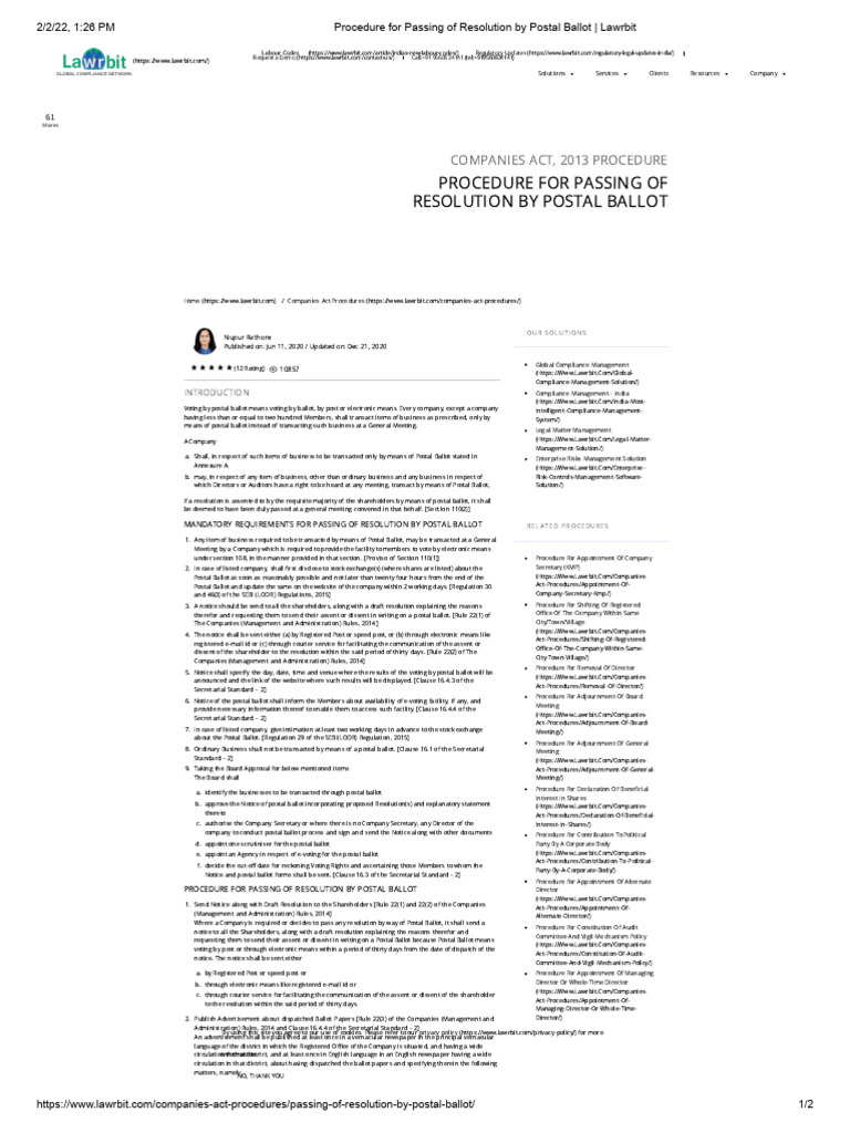 Postal Ballot Resolution Procedure | PDF | Absentee Ballot | Electronic ...