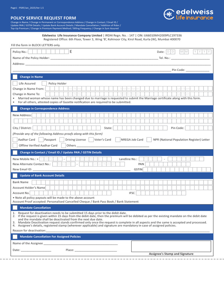 Policy Service Request Form | PDF | Insurance | Banks