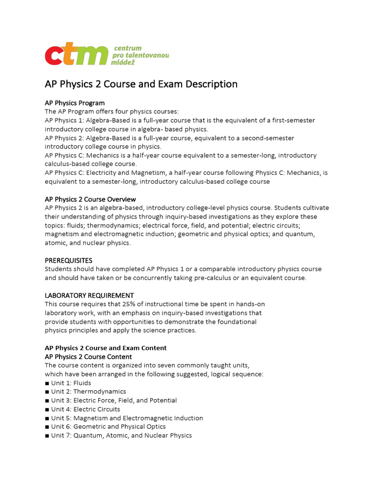 AP Physics 2 Course and Exam Description 042022 | PDF | Force | Physics