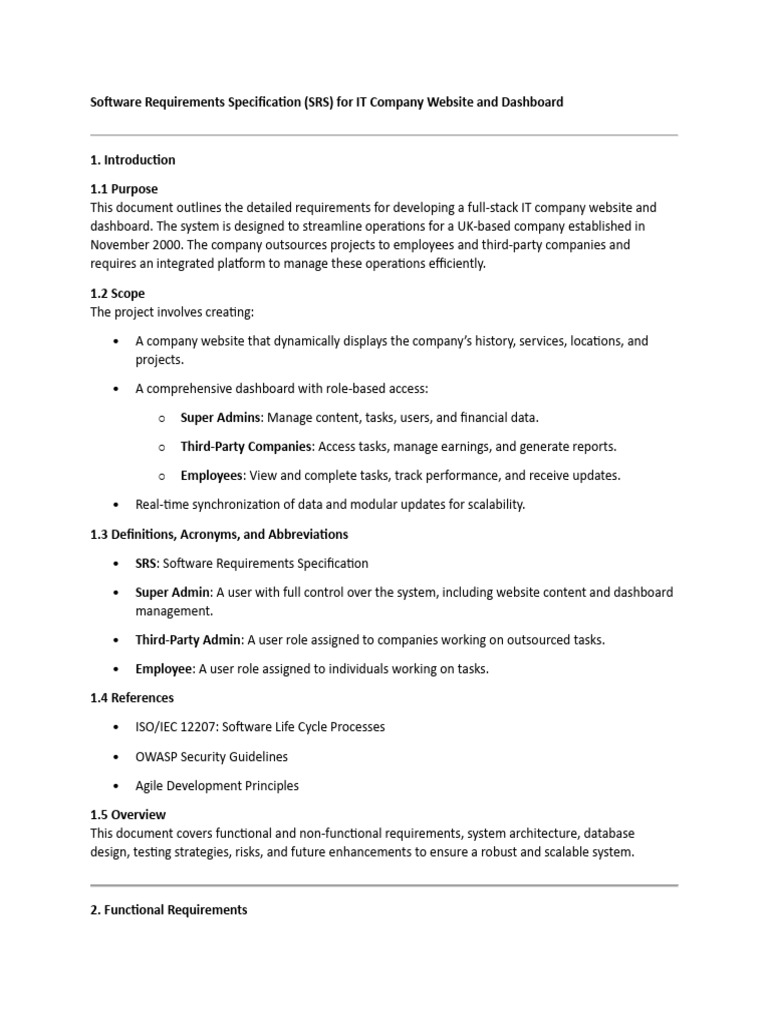 Srs For It Company Website Dashboard Pdf Databases Software Testing