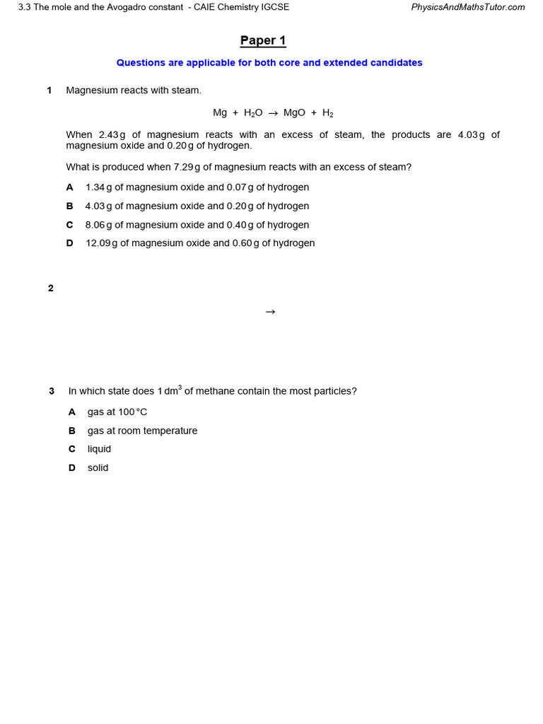 3.3 The Mole and The Avogadro Constant MCQ QP | PDF | Magnesium | Acid
