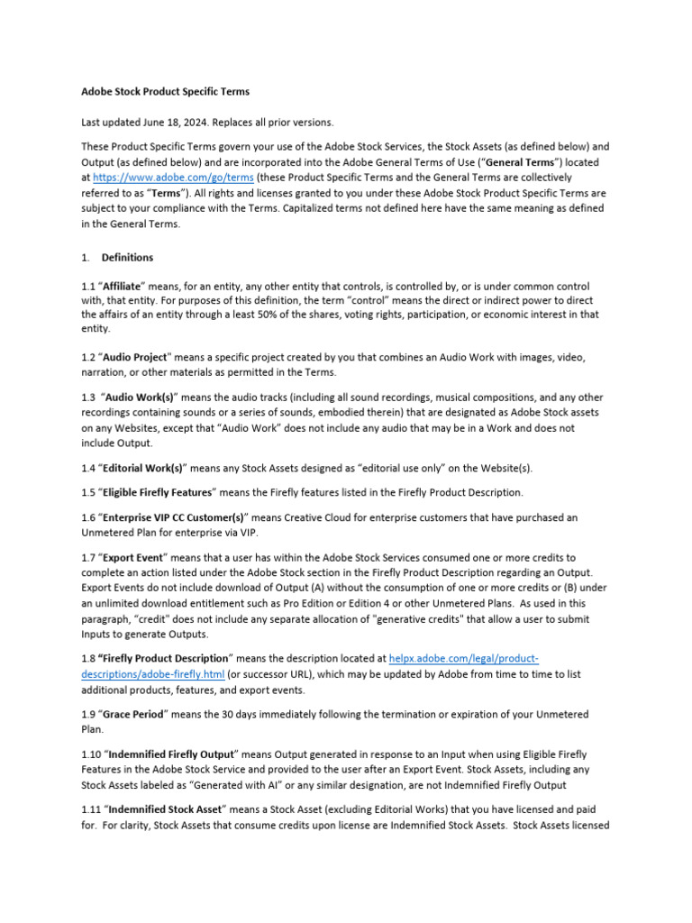 Adobe Stock Product Specific Terms | PDF | Indemnity | License
