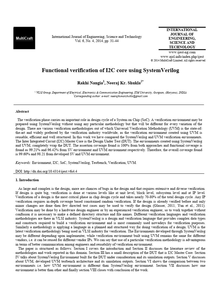 Functional Verification of I2C Core Usin | PDF | Computing | Computer Engineering