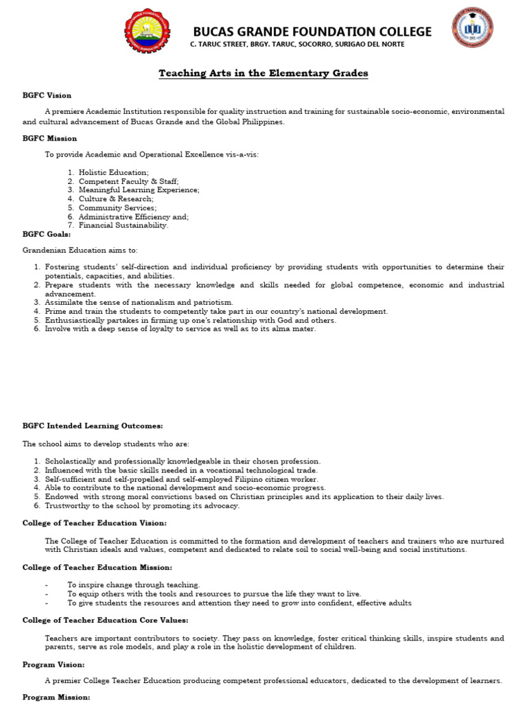 Final Syllabus Teaching Arts in The Elementary Grades | PDF | Learning ...
