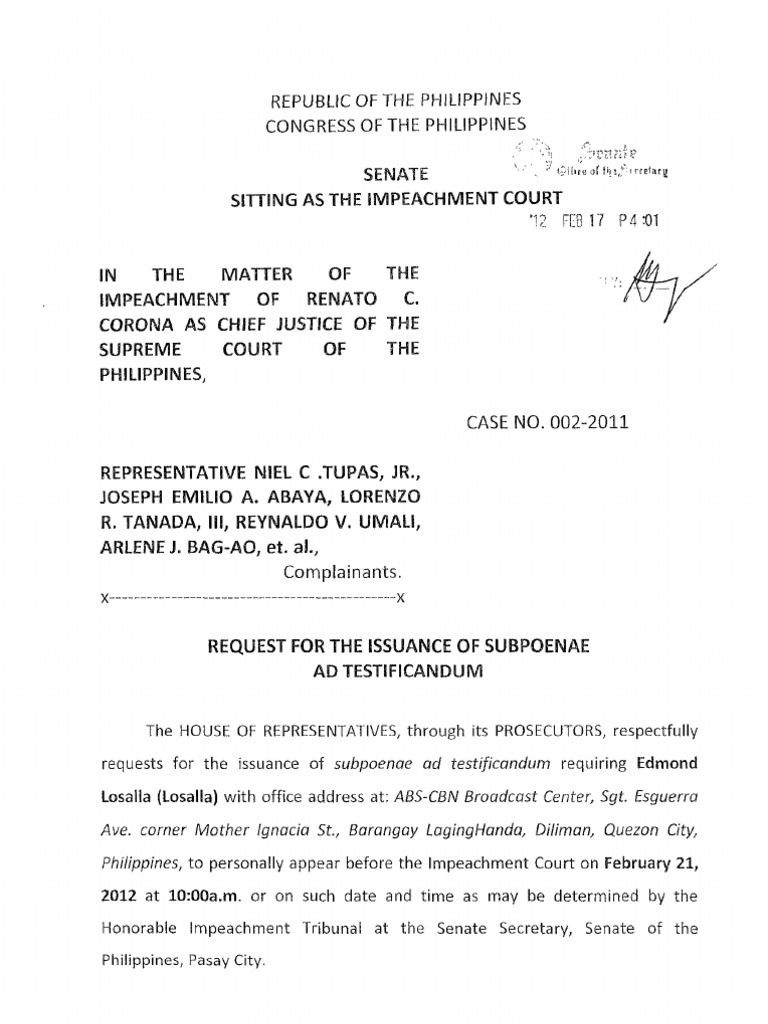 Request For Subpoena Feb17 P401 | PDF | Politics | Social Science