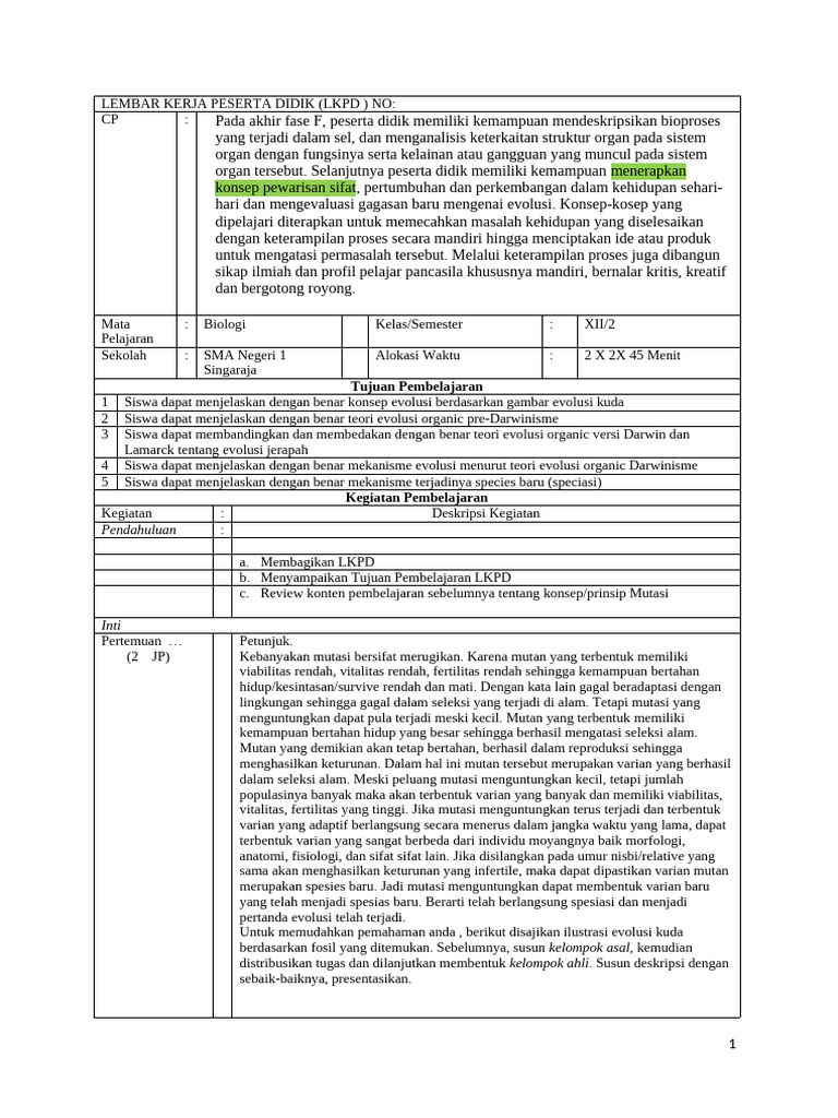LKPD 01 Konsepsi Evolusi | PDF