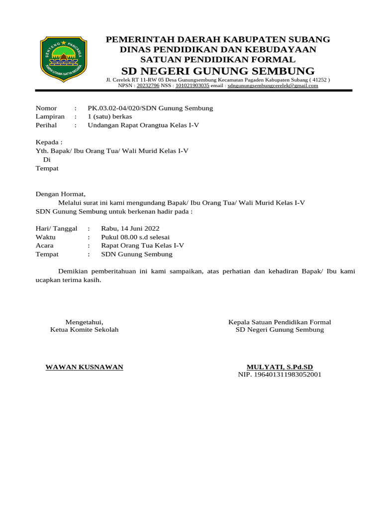 Undangan Rapat Orang Tua SDN Gunung Sembung | PDF