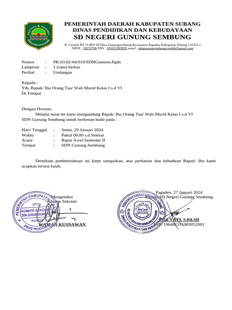 Undangan Rapat Awal Semester II SDN Gunung Sembung | PDF