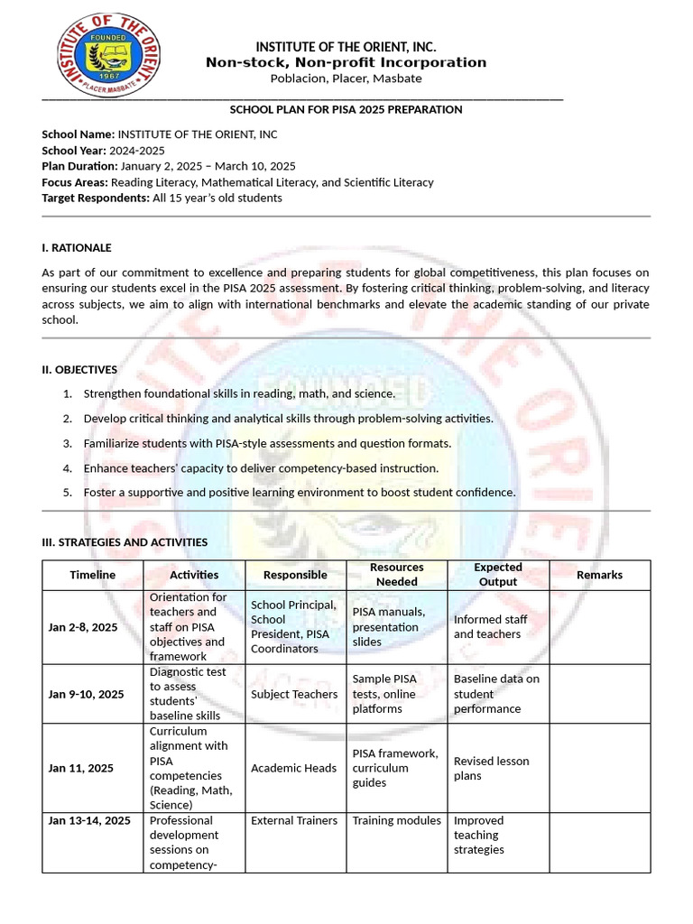 School Plan | PDF | Programme For International Student Assessment ...