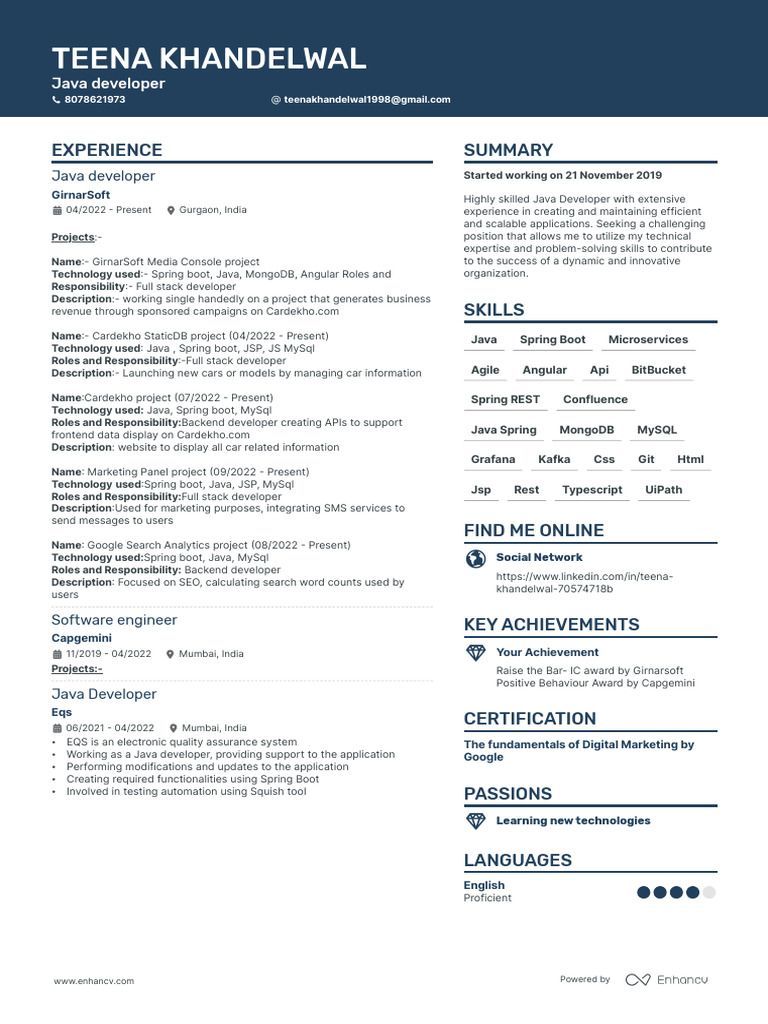 Teena Khandelwal: Experience | PDF | Java (Programming Language) | Software Development