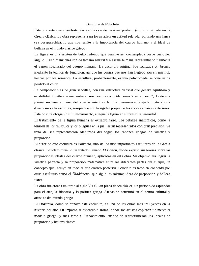 Doríforo de Policleto: Ideal del Cuerpo Humano | PDF | Escultura | Las ...