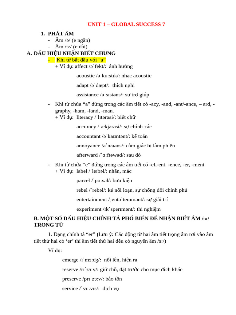 Unit 1 - Phát Âm E7 Global Success | PDF