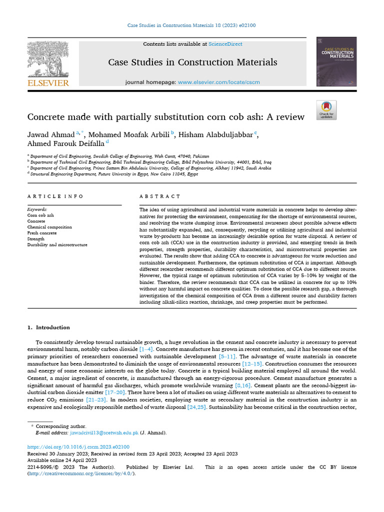 Corn Cob Ash in Sustainable Concrete | PDF | Concrete | Cement