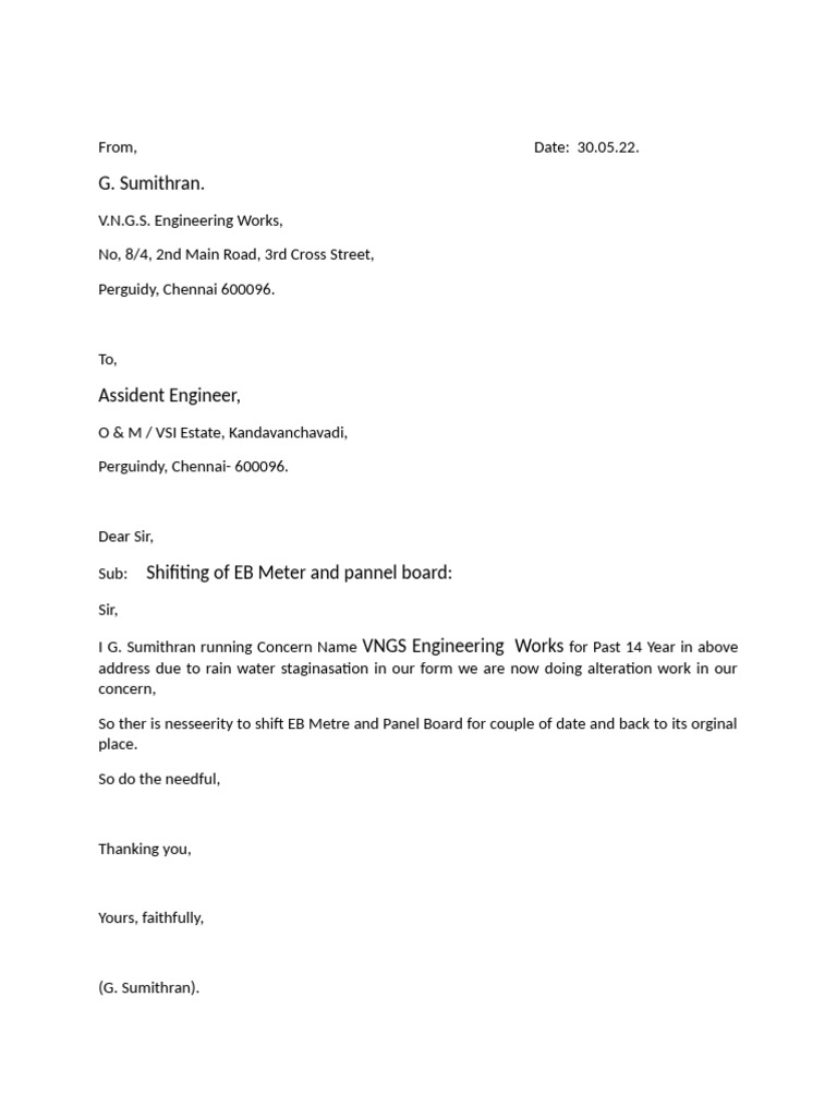 Request to Shift EB Meter and Panel Board | PDF
